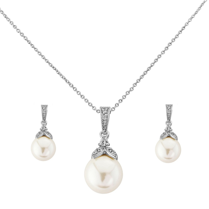 Cubic Zirconia Collection - Precious Pearl Necklace Set - (Ivory) Nk4 ...